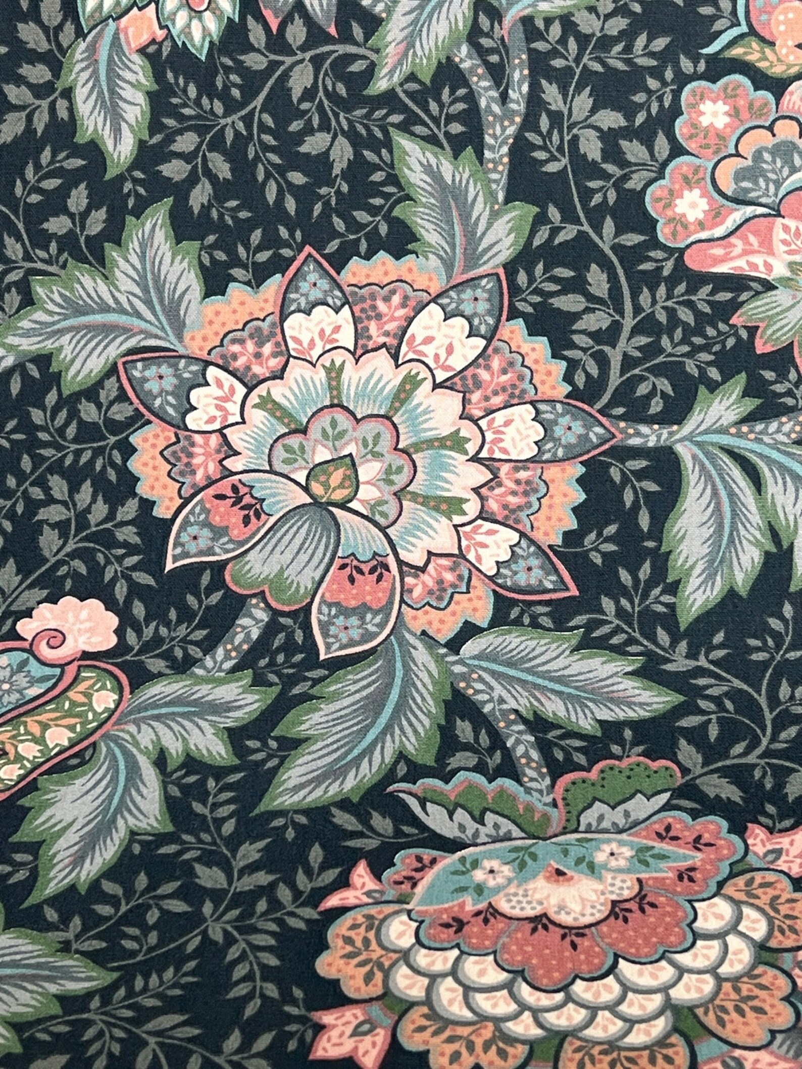 Vintage House N Home Fabric Blue Pink Green Jacobean Floral Upholstery ...