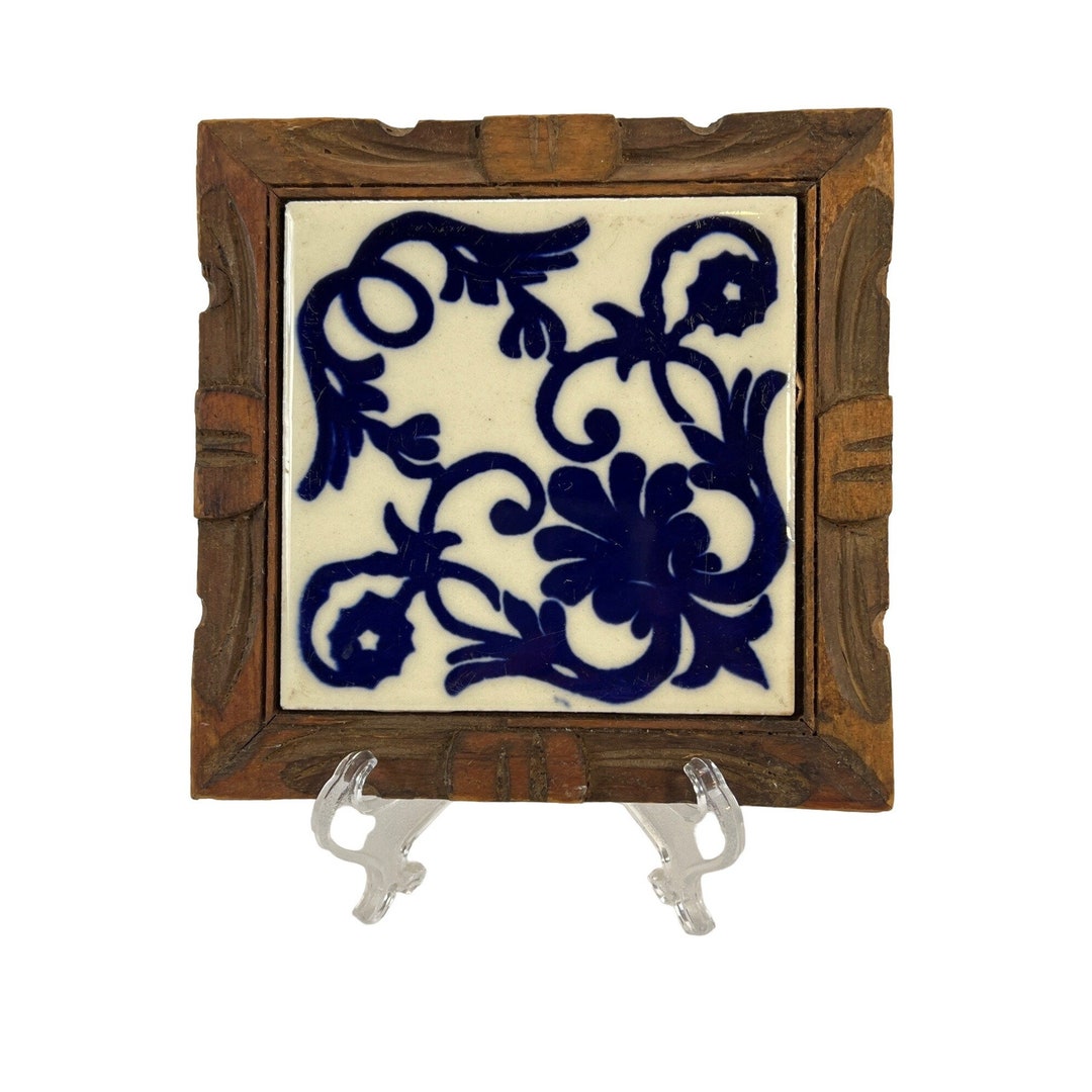 Mexican Tile Trivet Hand Carved Wood Frame With Feet 70s Plant Stand ...