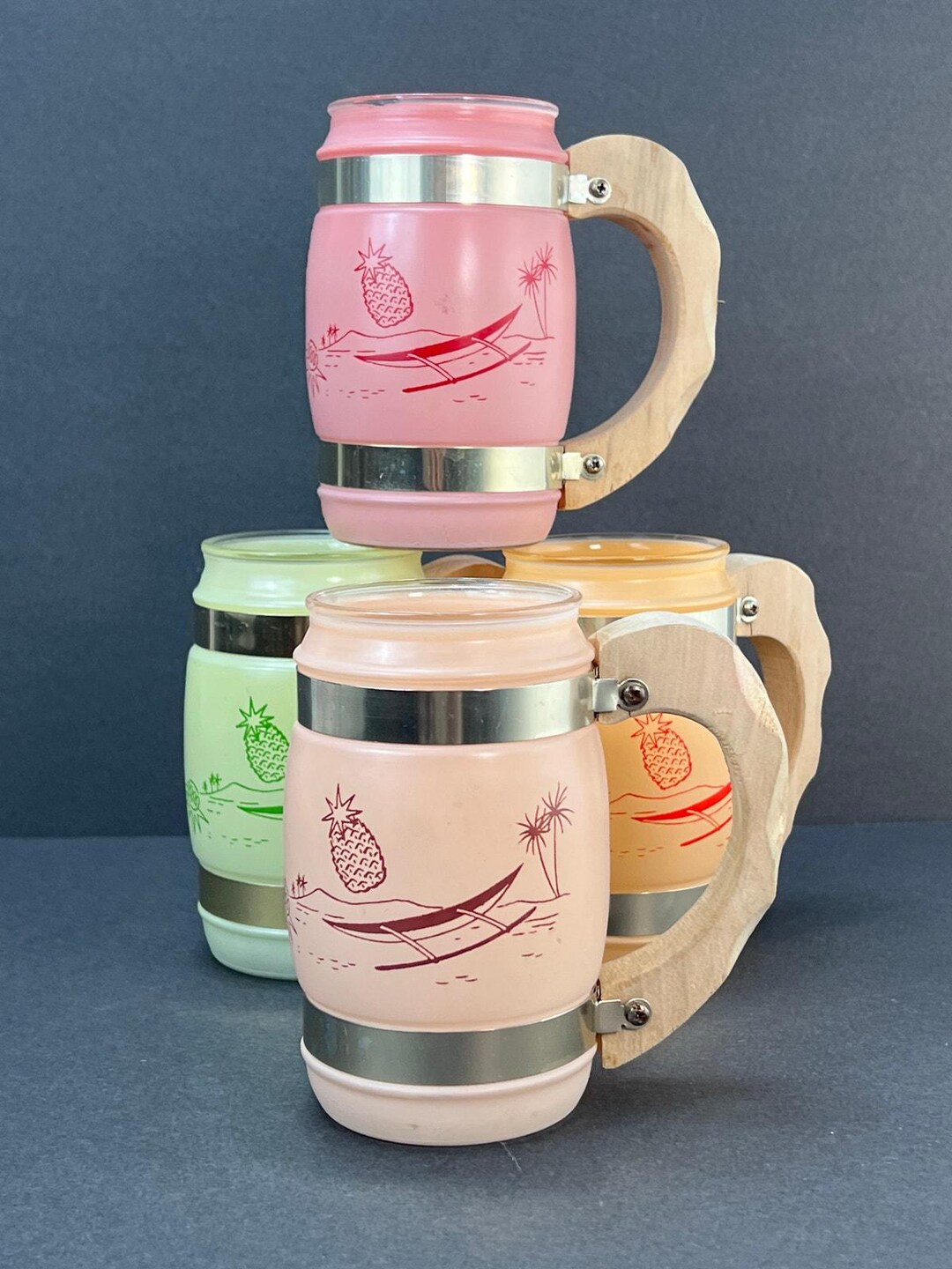 Vtg Siesta Ware Mugs 4 Set Frosted Wood Handles Tiki Bar Mid Century ...