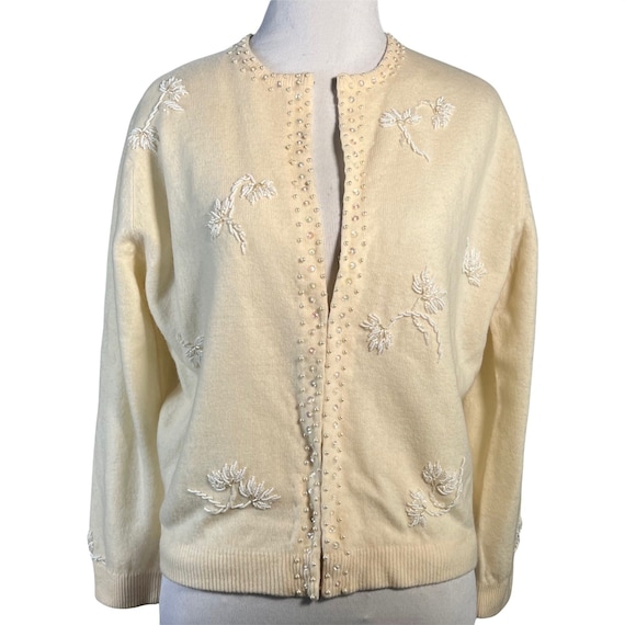 Vintage 50s Beaded Cardigan 40 / Medium Cream Lambswo… - Gem