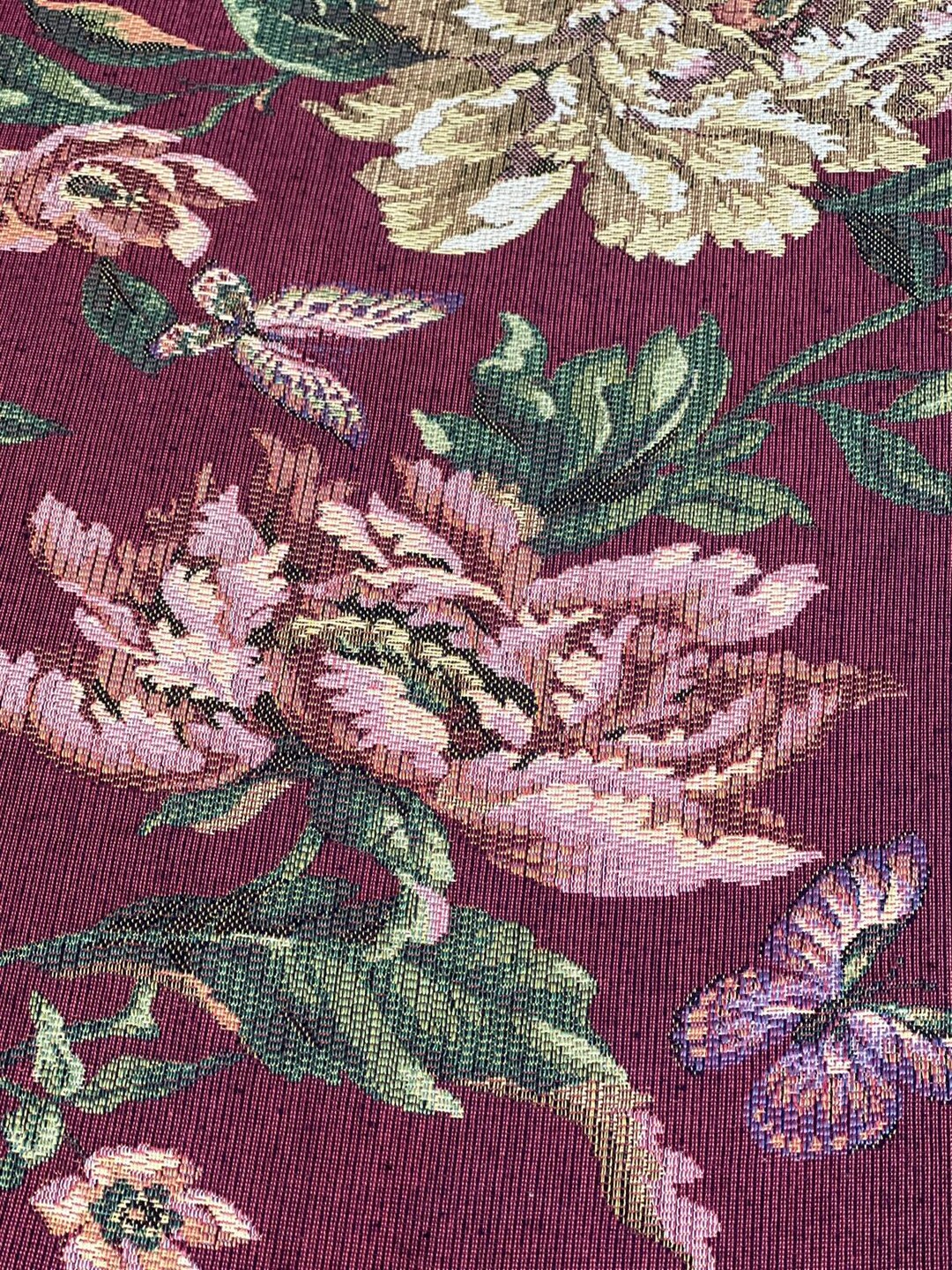 Vtg Tapestry Upholstery Fabric Red Peonies Floral Jacquard ...