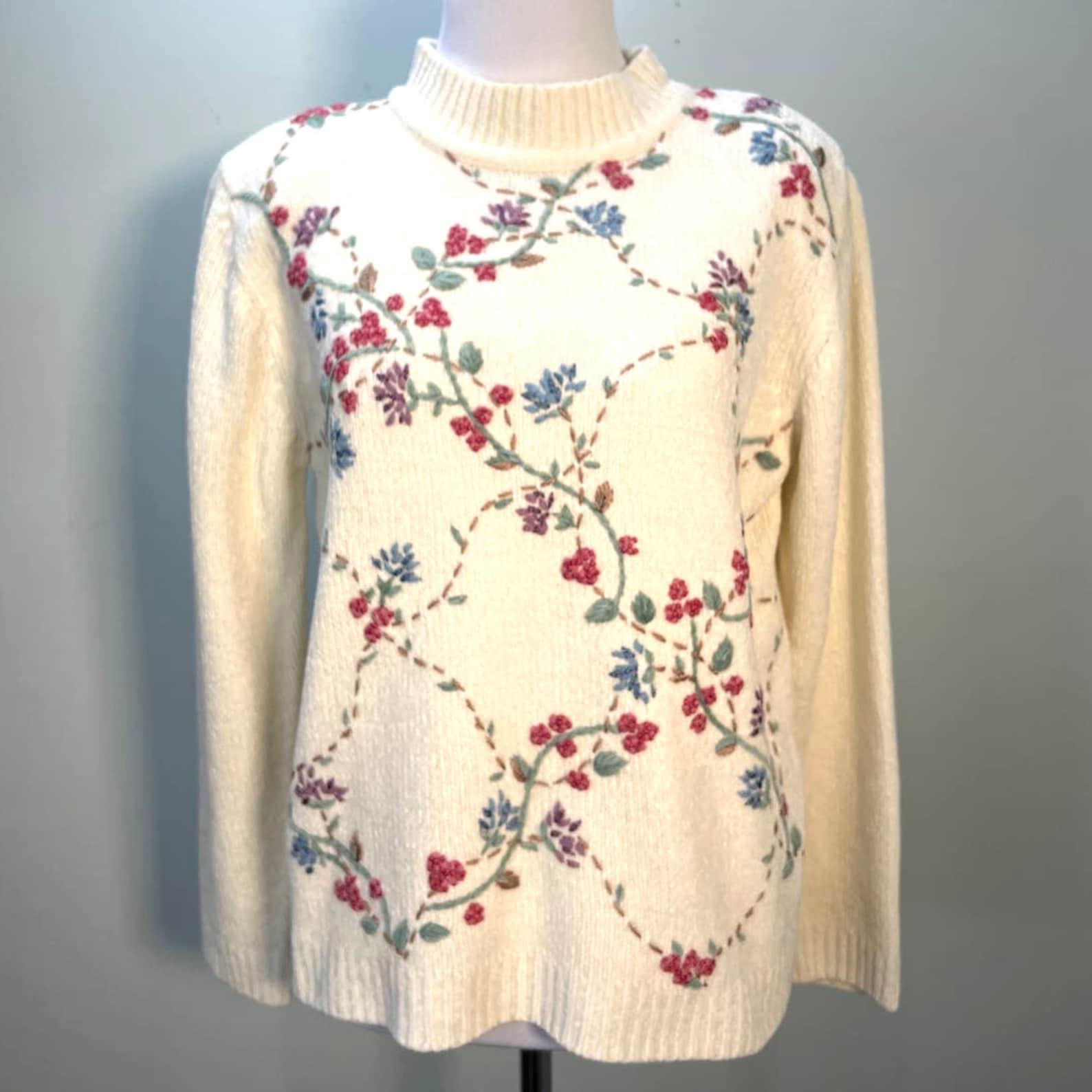 Vintage Cottagecore Sweater Petite Large Cream Chenille Embroidered ...