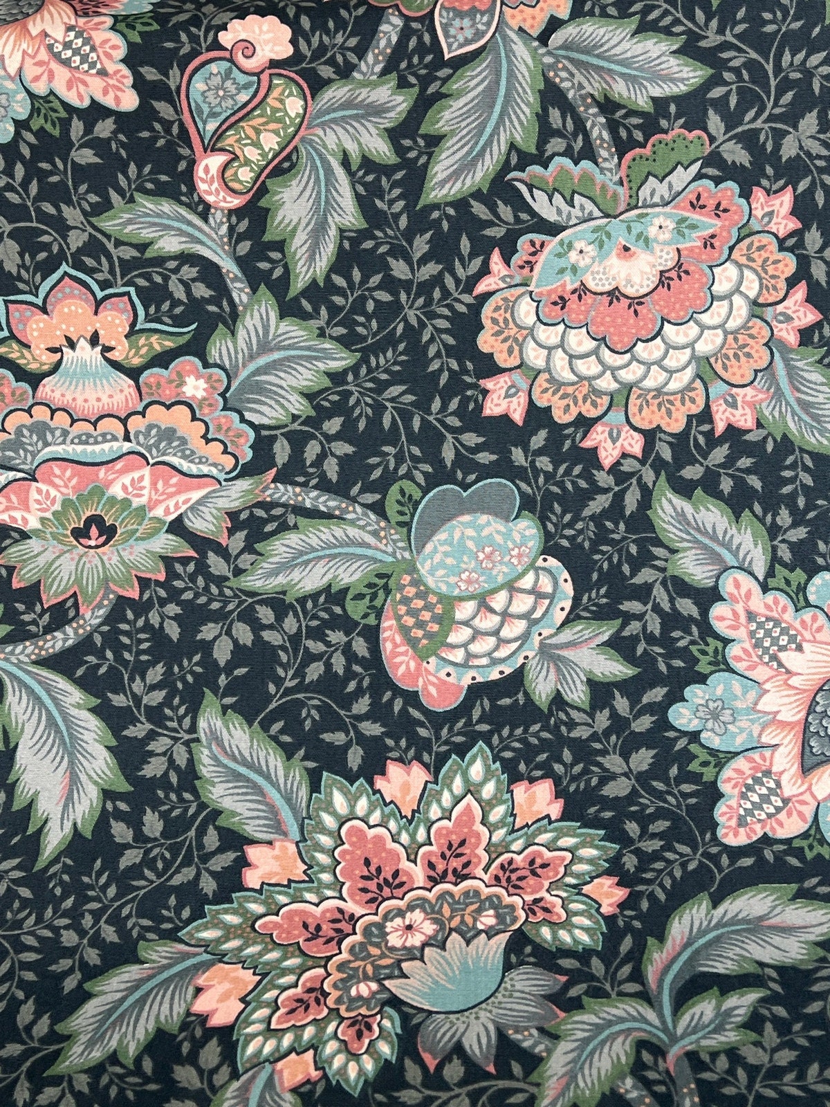 Vintage House N Home Fabric Blue Pink Green Jacobean Floral Upholstery ...