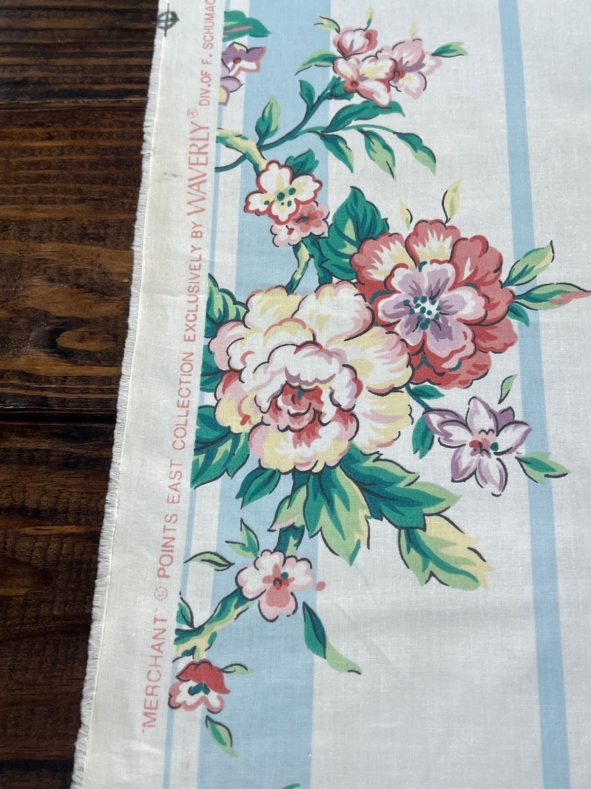 Vintage Waverly Fabric Floral Blue Striped Merchant Home Decor by the ...