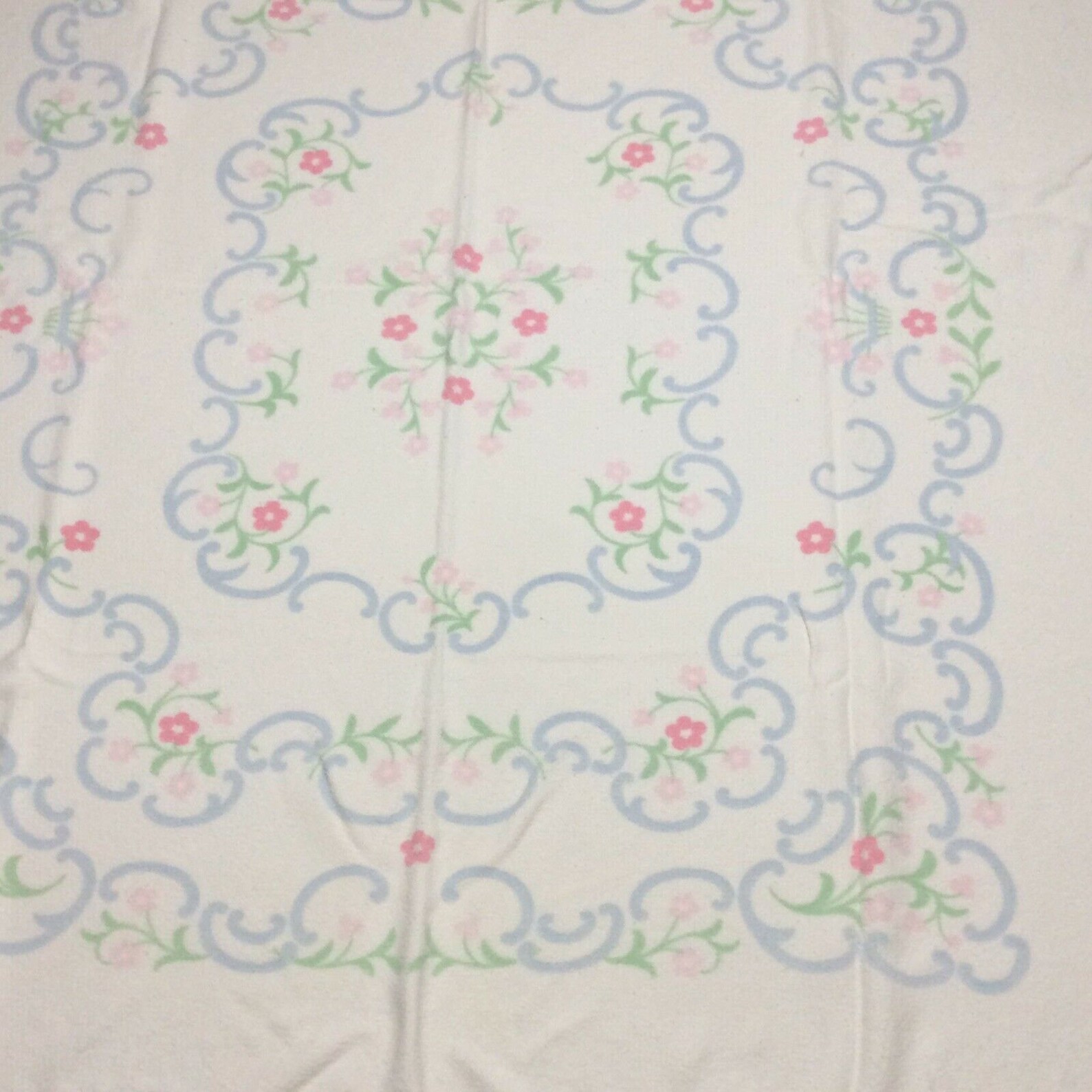 Vtg Blanket Pink Satin Edge Trim Floral Flowers Blue Scrolls | Etsy