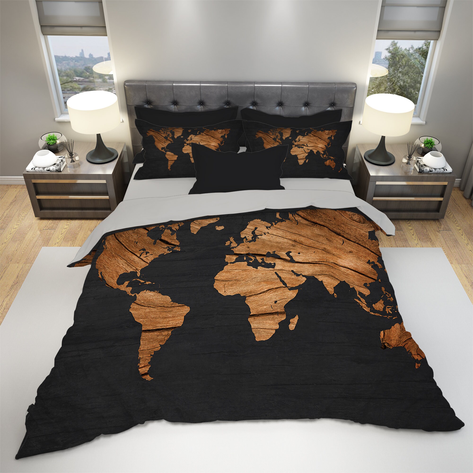 Wood World Map Bedding Wood World Map Duvet Cover Geography - Etsy