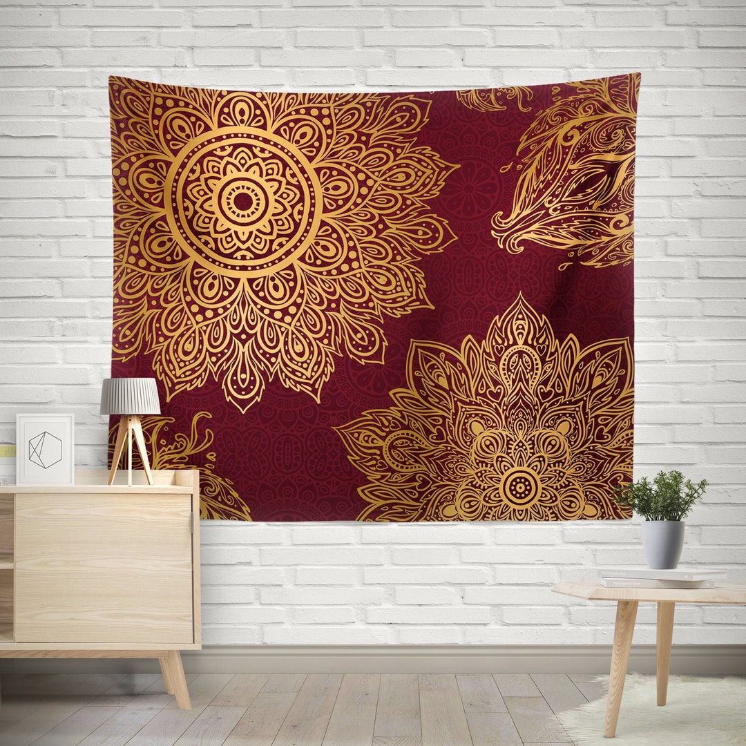 Burgundy and Gold Mandala Tapestry: Hippie Home Decor - Etsy