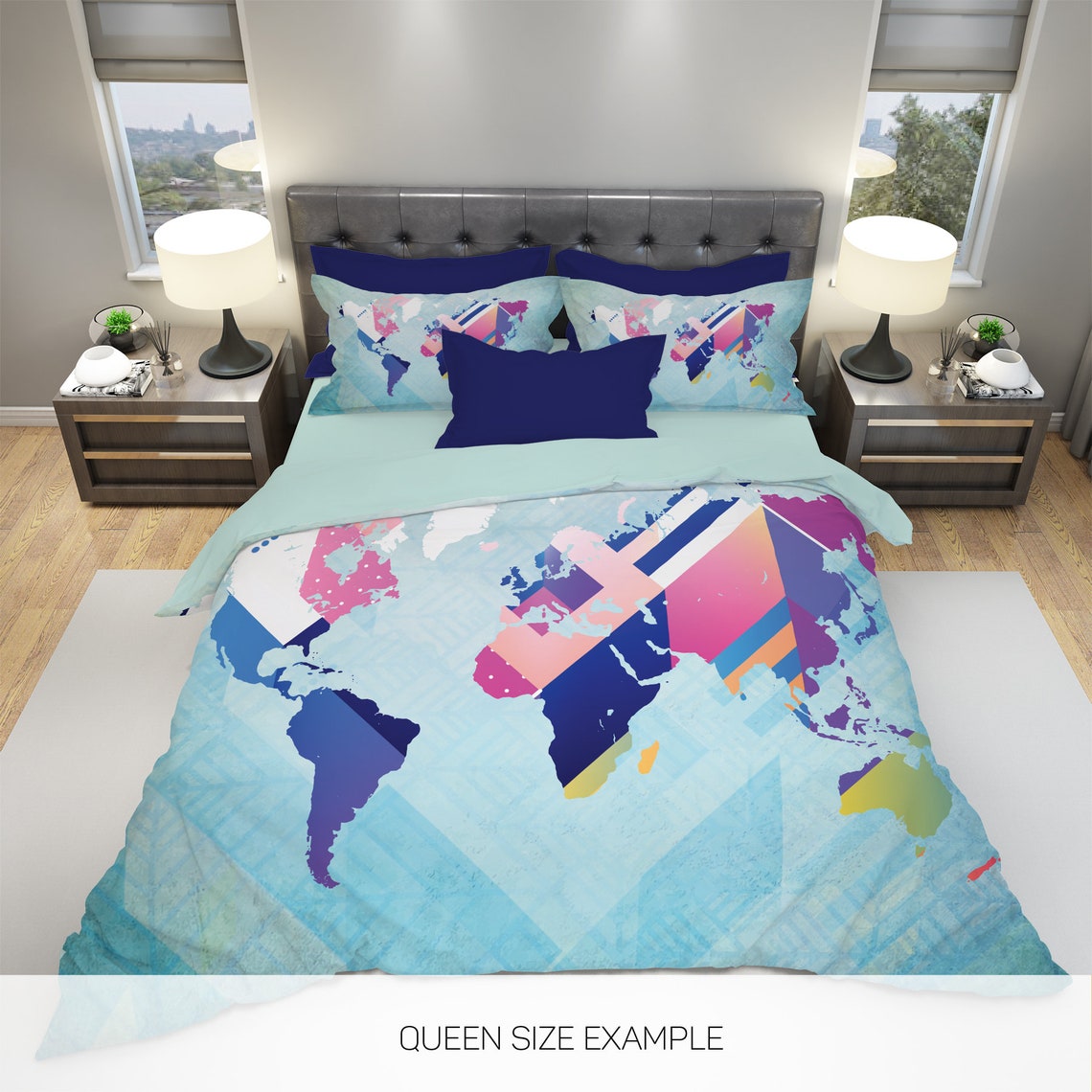 World Map Bedding World Map Duvet Cover Set Blue World Map - Etsy