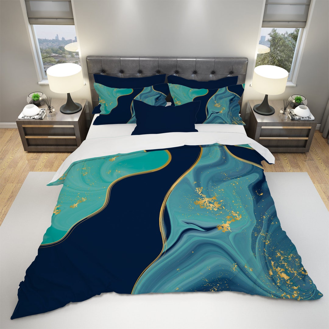 Handmade Blue and Gold Marble Bedding Set: Organic Cotton Sateen - Etsy
