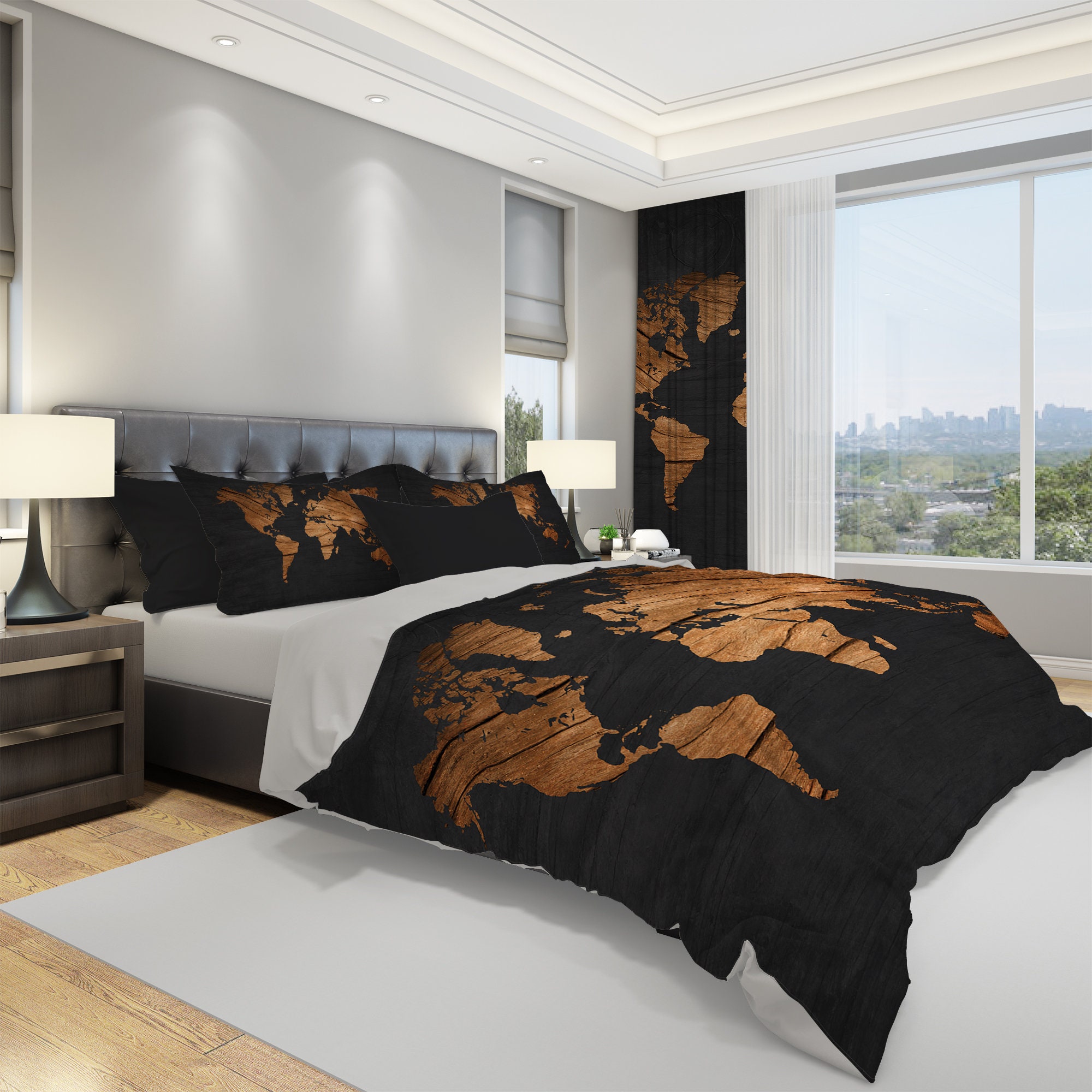 Wood World Map Bedding Wood World Map Duvet Cover Geography - Etsy