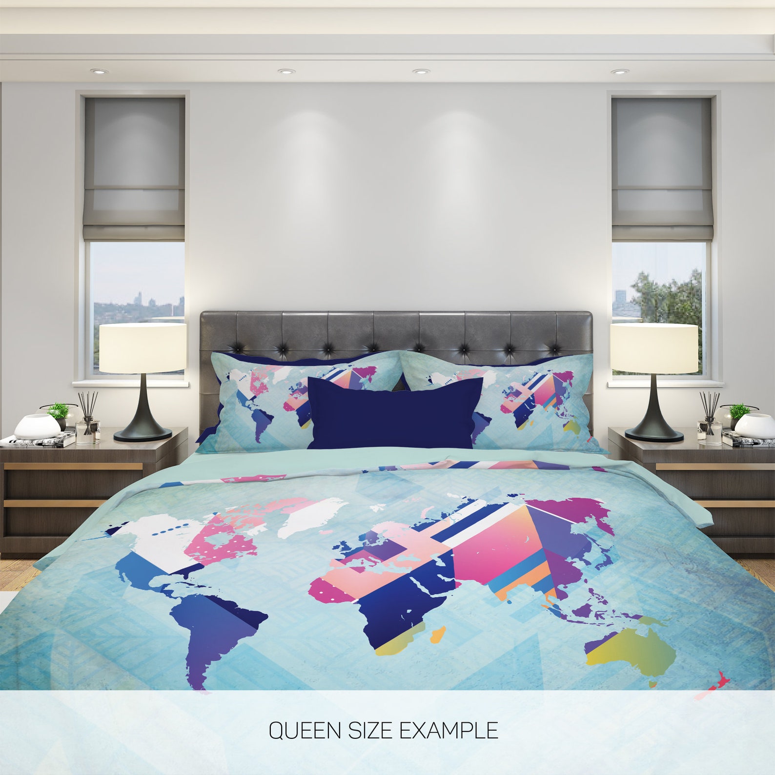 World Map Bedding World Map Duvet Cover Set Blue World Map - Etsy