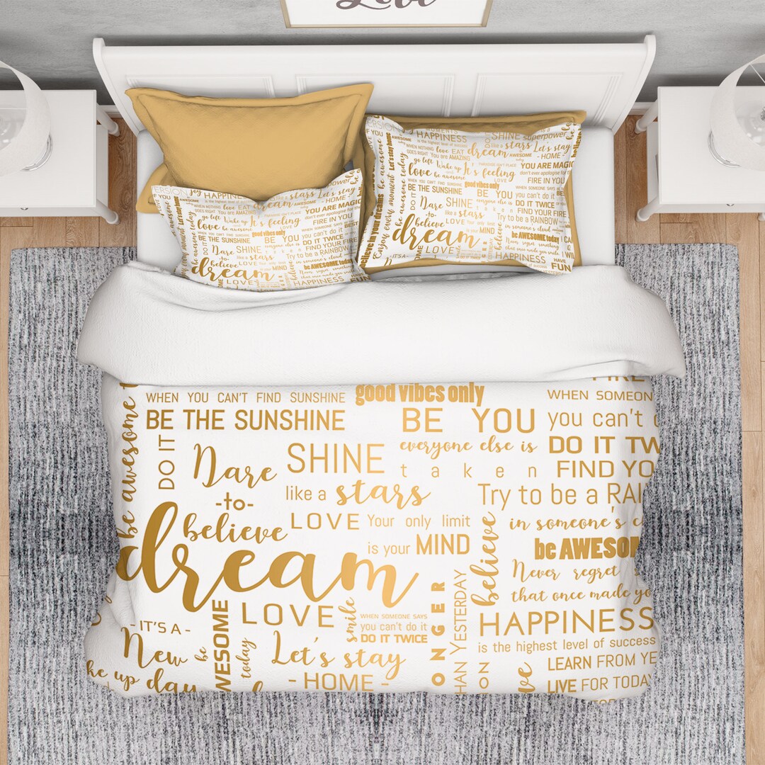 Positive Quotes Comforter Set: Gold Typography, Modern Bedding - Etsy