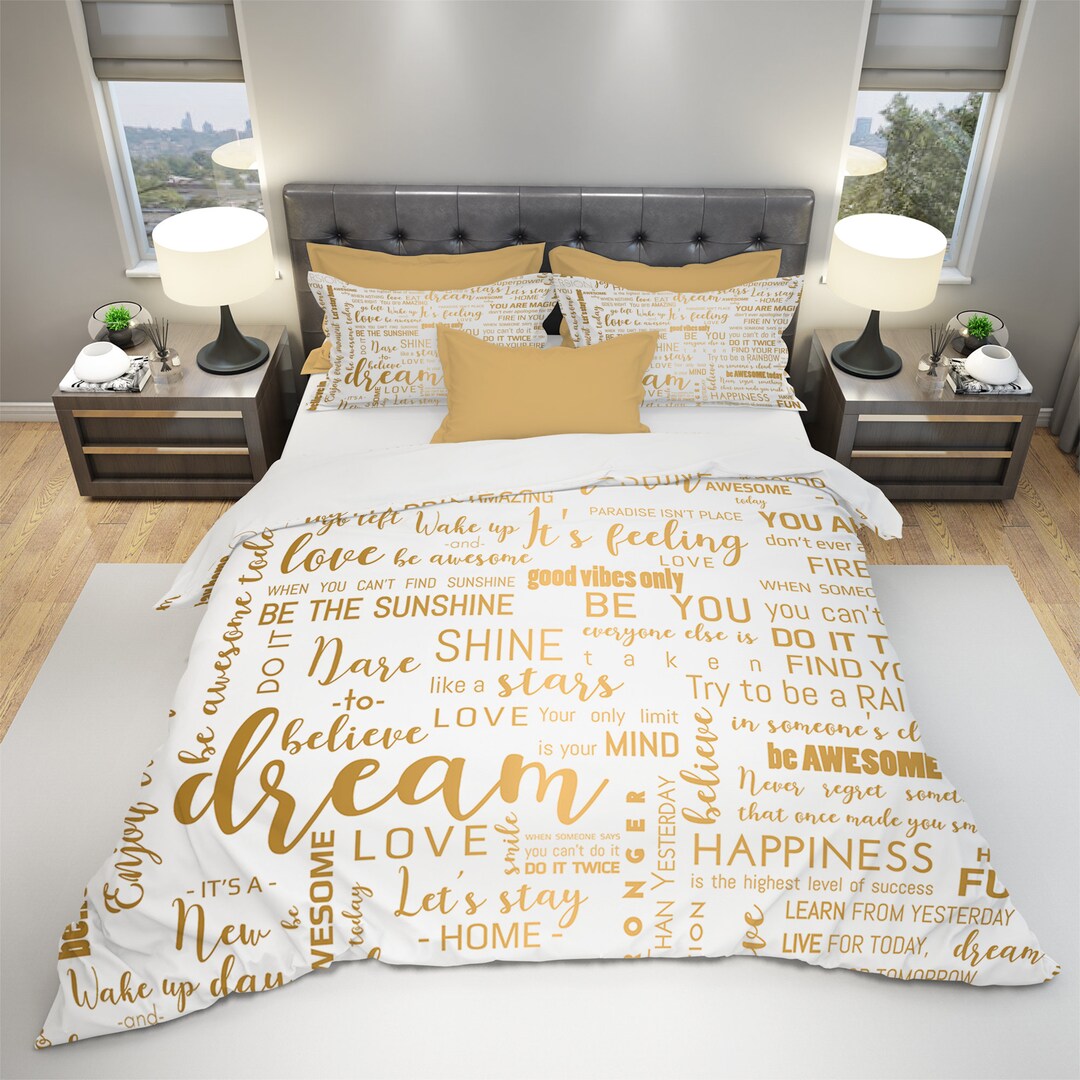 Positive Quotes Bedding Set: White and Gold Art, Modern Design - Etsy