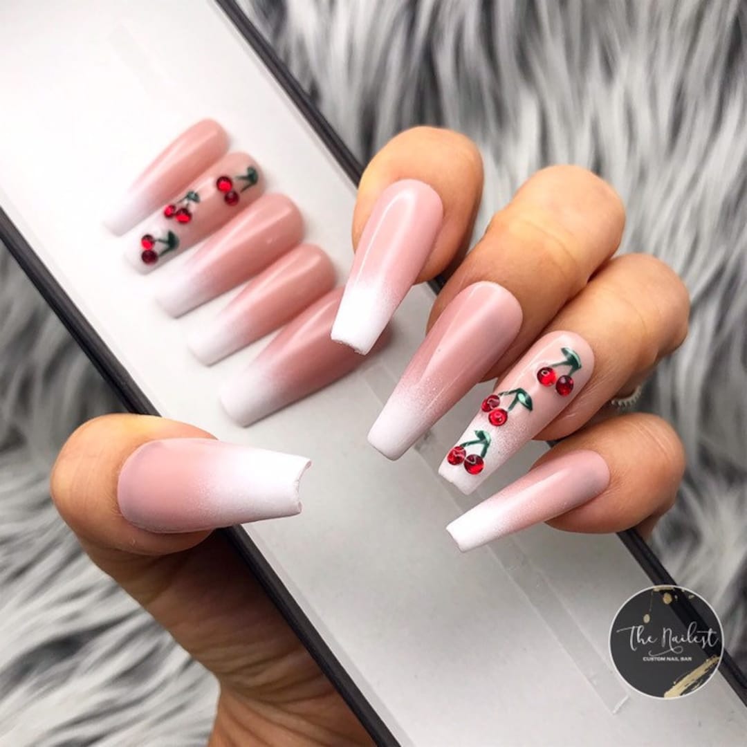 Soph Ombre With Red Cherry Crystals Press on Nails | Any Shape | Fake ...