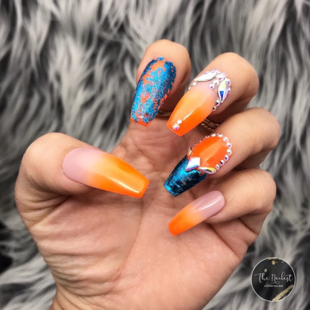 Neon Orange Bahamas, Turquoise Foil Ombre With Bling Crystals Press on ...