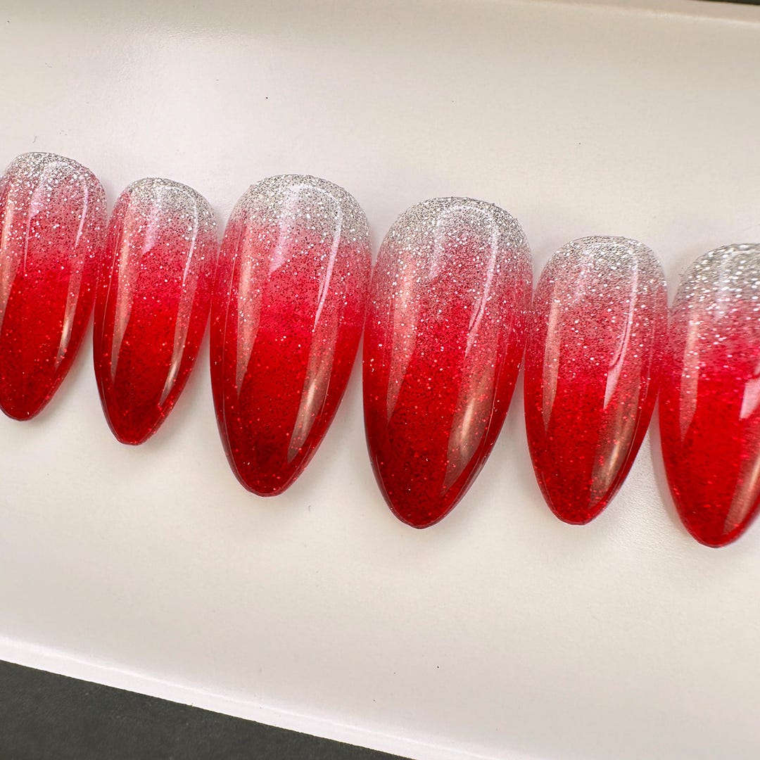 Ruby Red Frost Glitter Ombre Press on Nail Set | Holiday | Any Shape ...