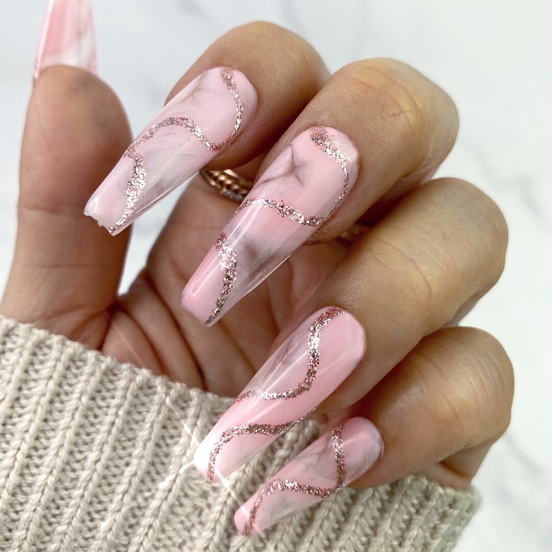 Pink Quartz With Rose Gold Reflective Detailed Nails Press on Nails Any ...