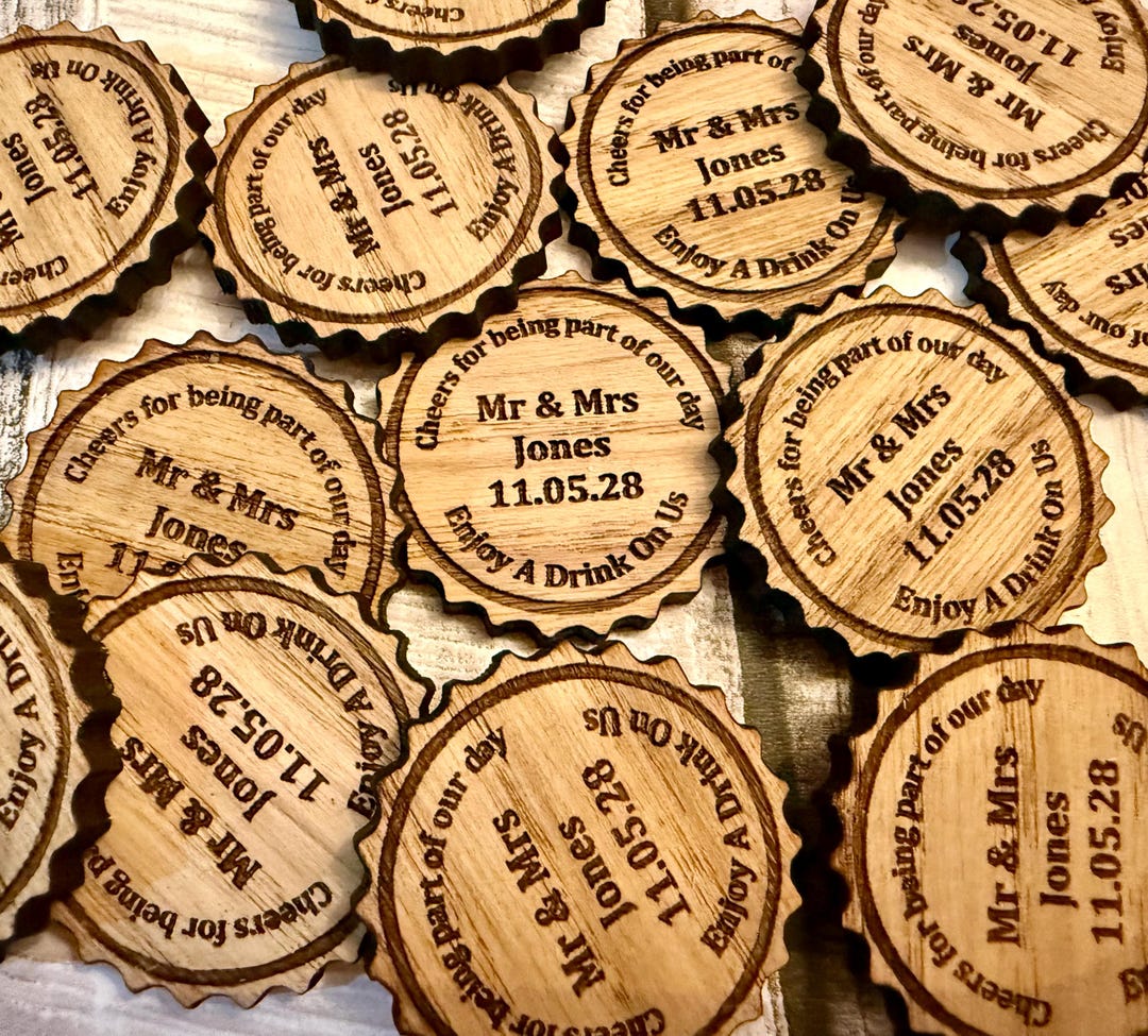 Sustainable Personalised Oak Bottle Top Drink Tokens Event Wedding ...