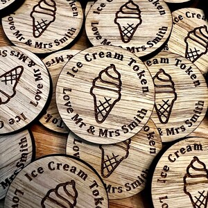 Personalised Oak Ice Cream Tokens Wedding Favours Circles party ...