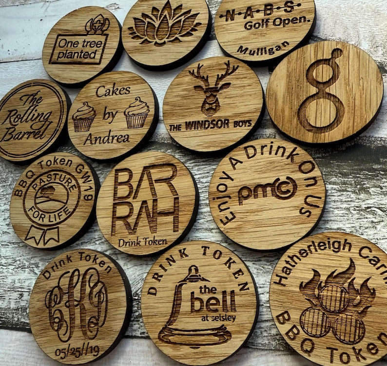 Personalized Oak Drink Tokens: Engraved Wedding Favors, Eco-friendly ...