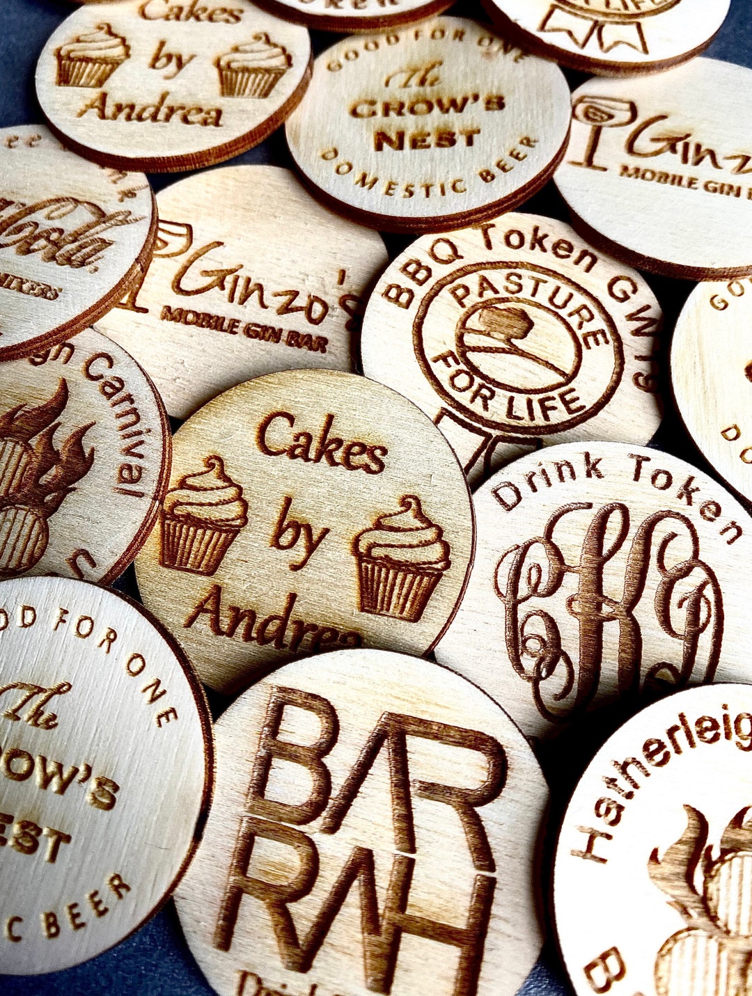 Personalised Birch Drink Tokens for Bar Pub Restaurant Company Circles ...