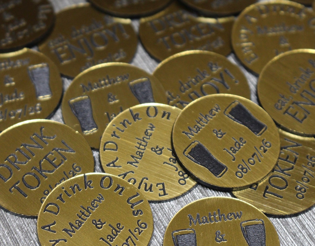 Golden Personalised Drink Tokens Wedding Favours Circles party ...