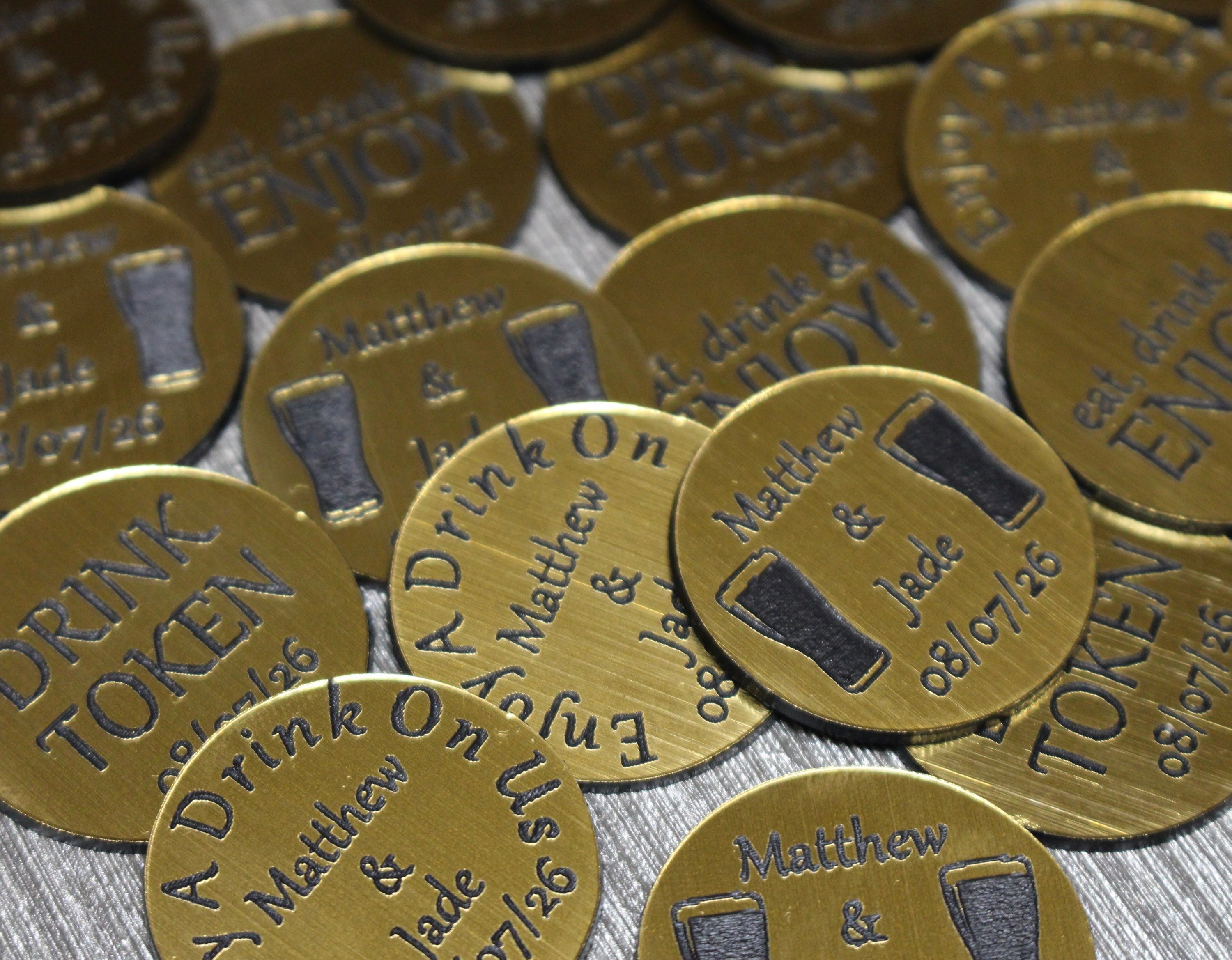 Golden Personalised Drink Tokens Wedding Favours Circles party ...