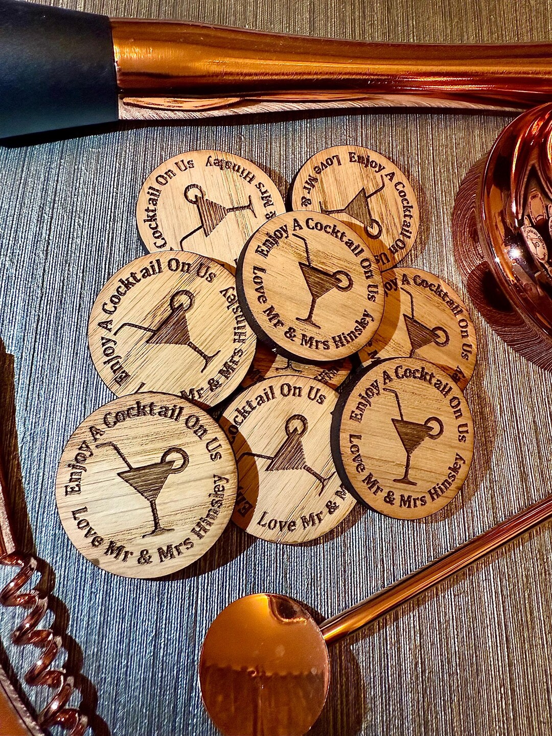Personalised Oak Cocktail Tokens Wedding Favours Circles party ...