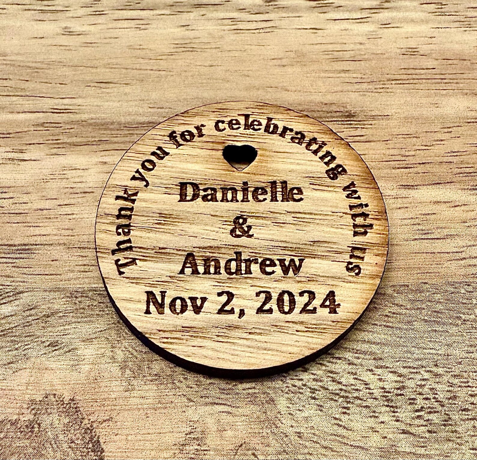 Personalised Oak Thank You Tokens Wedding Favours Circles party ...
