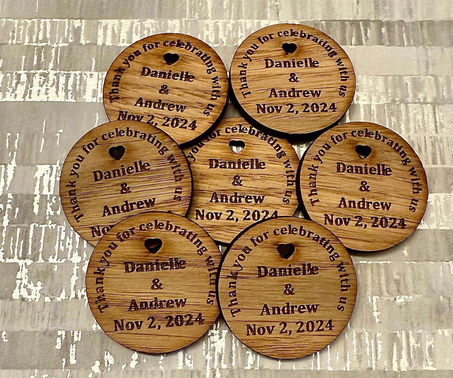Personalised Oak Thank You Tokens Wedding Favours Circles party ...
