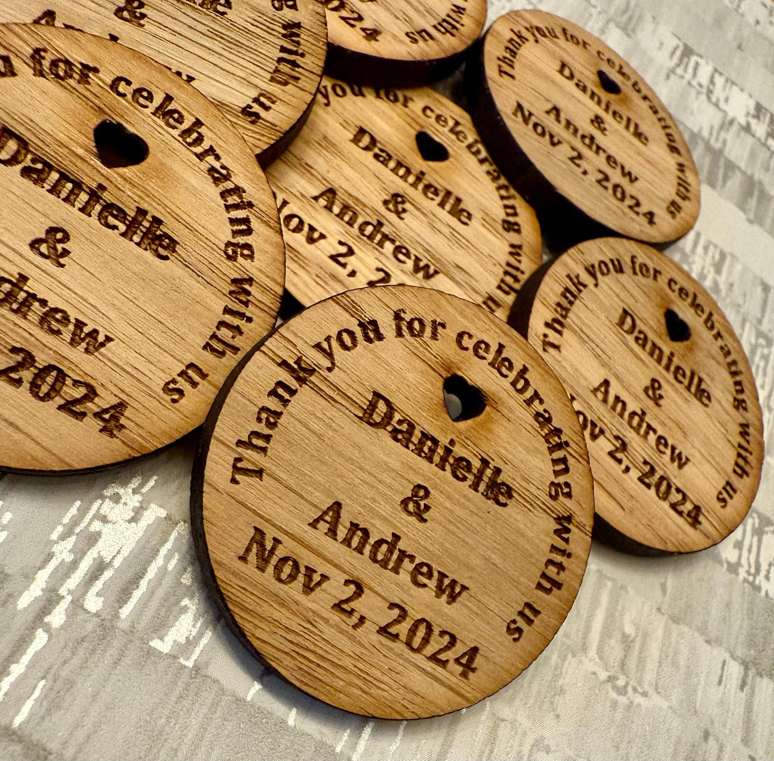 Personalised Oak Thank You Tokens Wedding Favours Circles party ...
