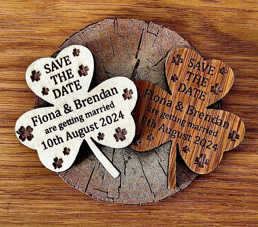 Wooden Shamrock Wedding Magnetic Save the Date, Oak or Birch, Irish ...
