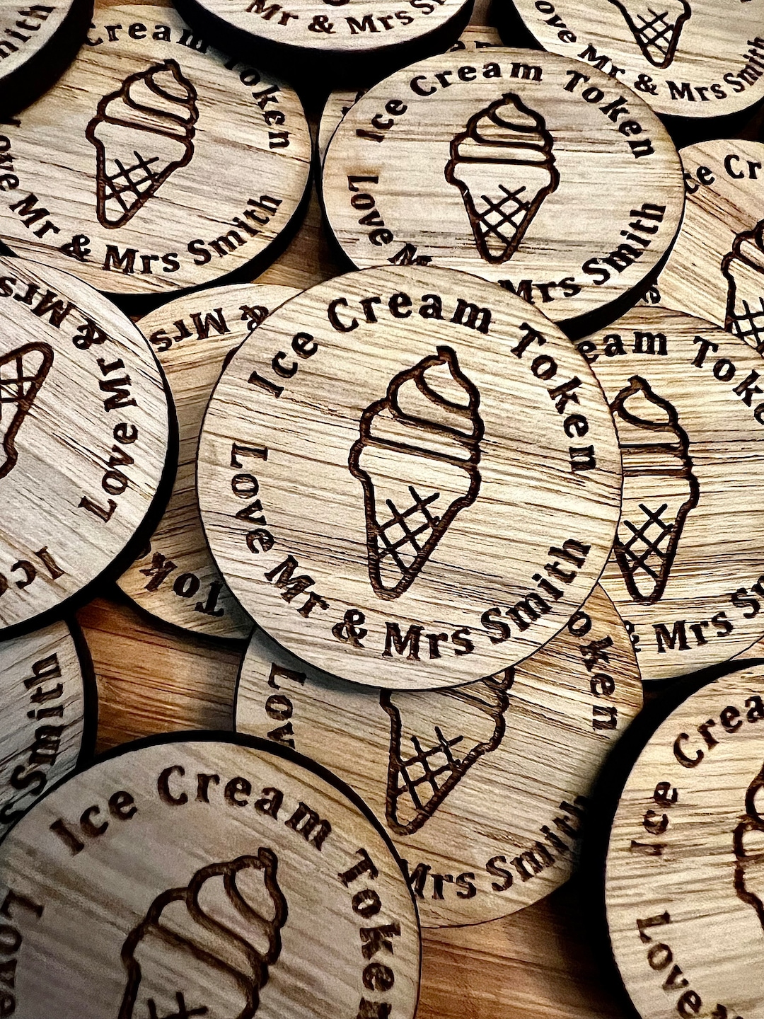 Personalised Oak Ice Cream Tokens Wedding Favours Circles party ...