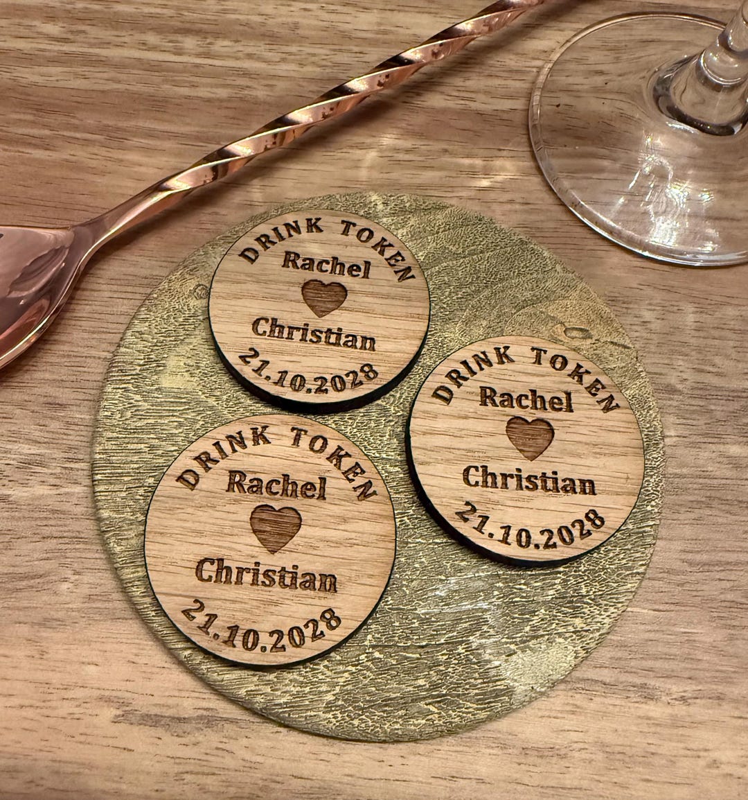 Personalised Oak Drink Tokens for Wedding Favours Circles brown Party ...