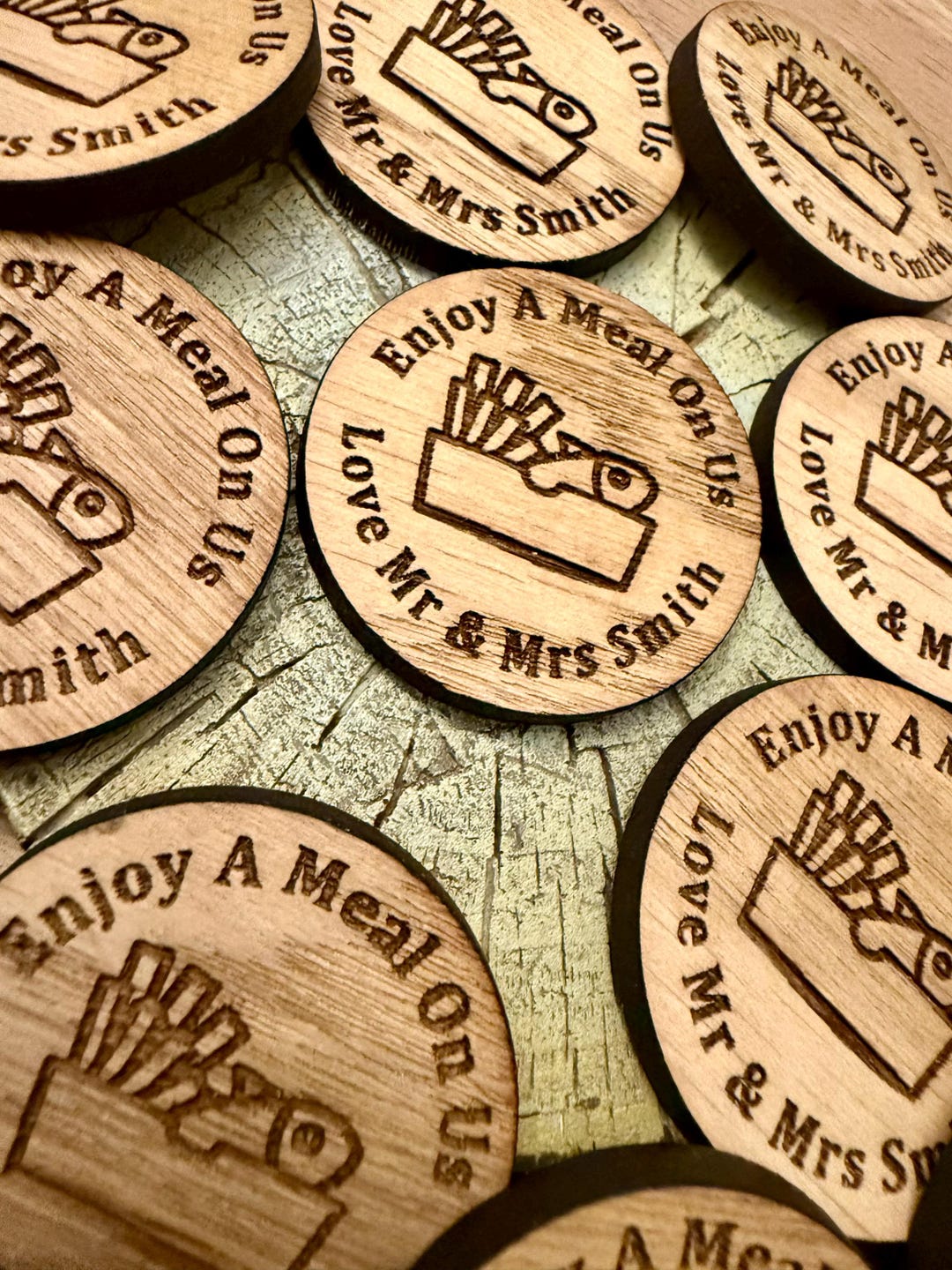 Personalised Oak Food Tokens Wedding Favours Fish and Chips Circles ...
