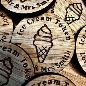 Personalised Oak Ice Cream Tokens Wedding Favours Circles party ...