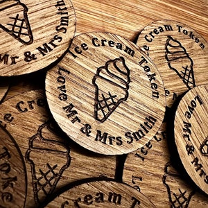 Personalised Oak Ice Cream Tokens Wedding Favours Circles party ...
