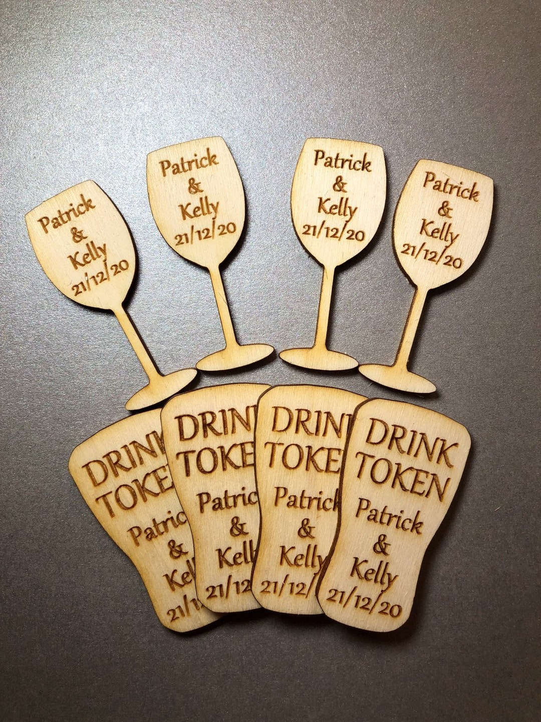 Personalised Pint & Wine Glasses Birch Drink Tokens Wedding Favours ...