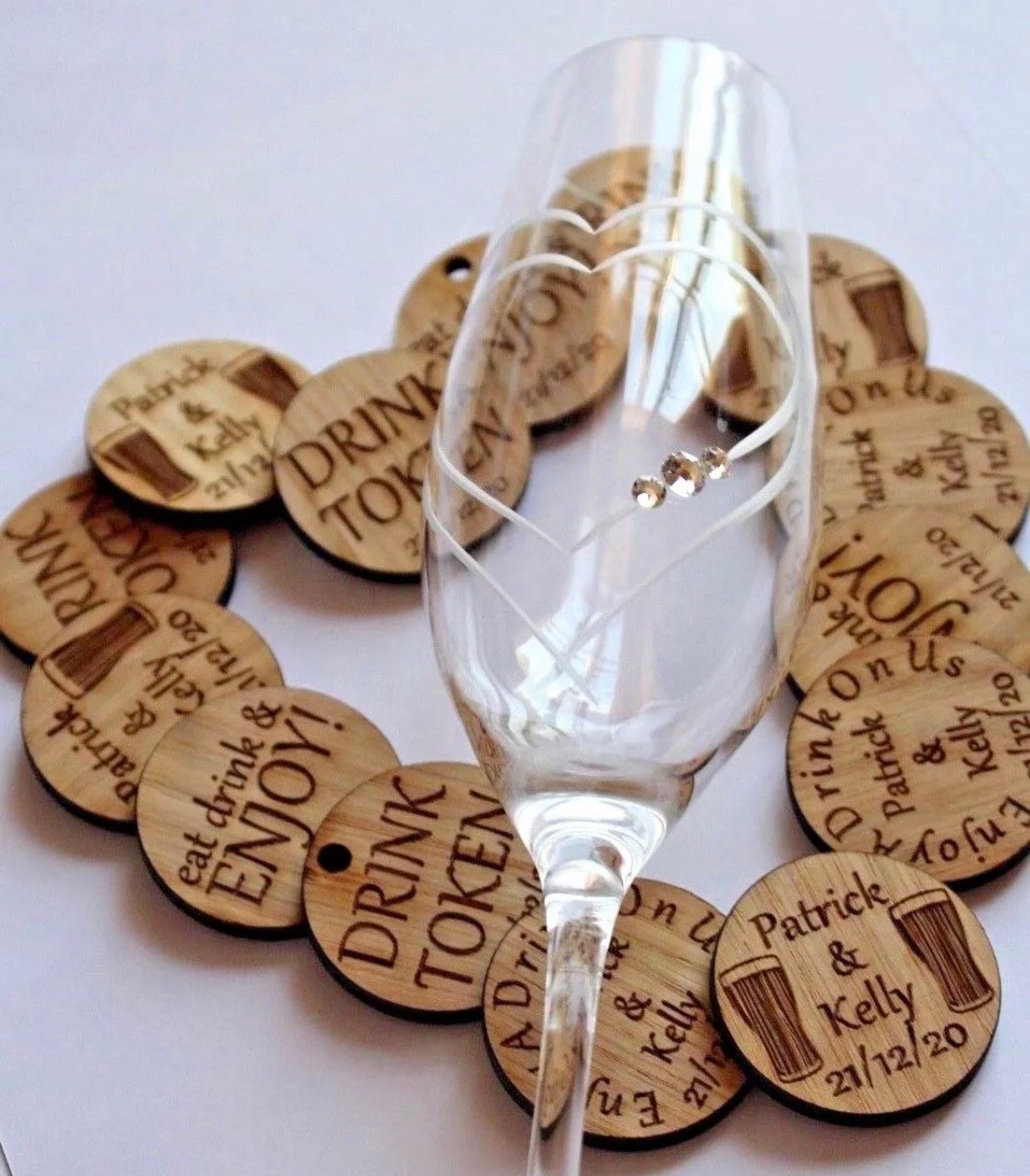 Personalised Oak Drink Tokens Wedding Favours Circlesparty Celebration ...