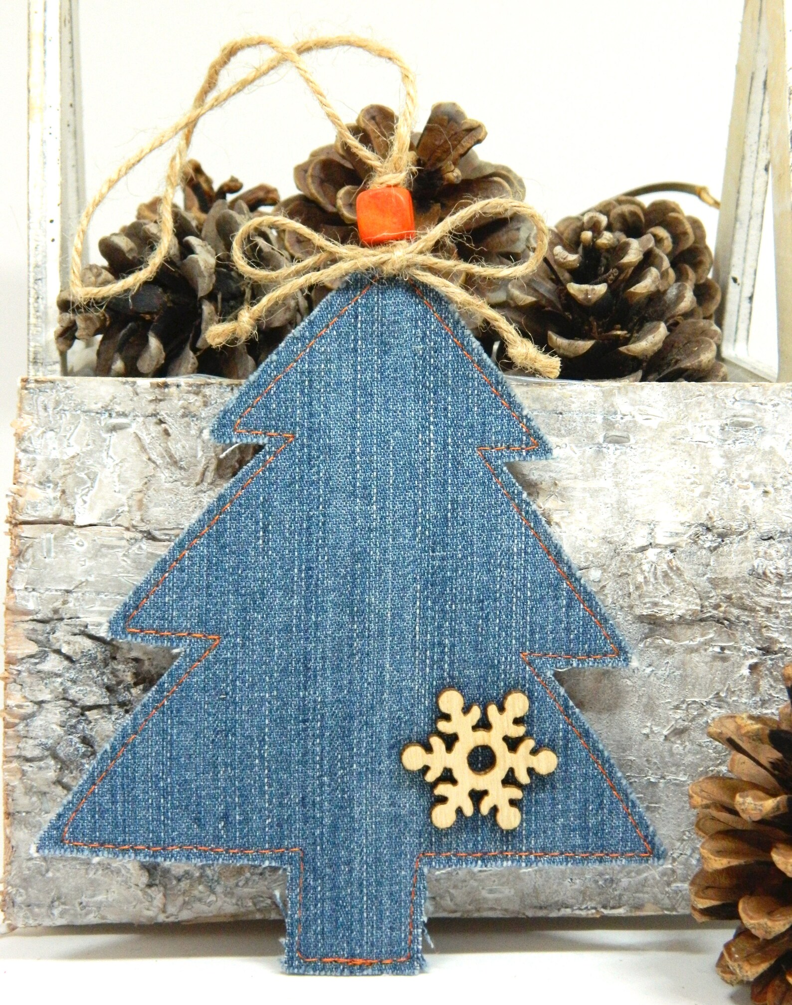 Upcycled Denim Christmas Tree Ornament With Wooden Accents - Etsy