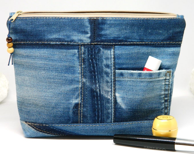 Denim Purse From Repurposed Jeans, Upcycled Denim Pouch With Zipper ...