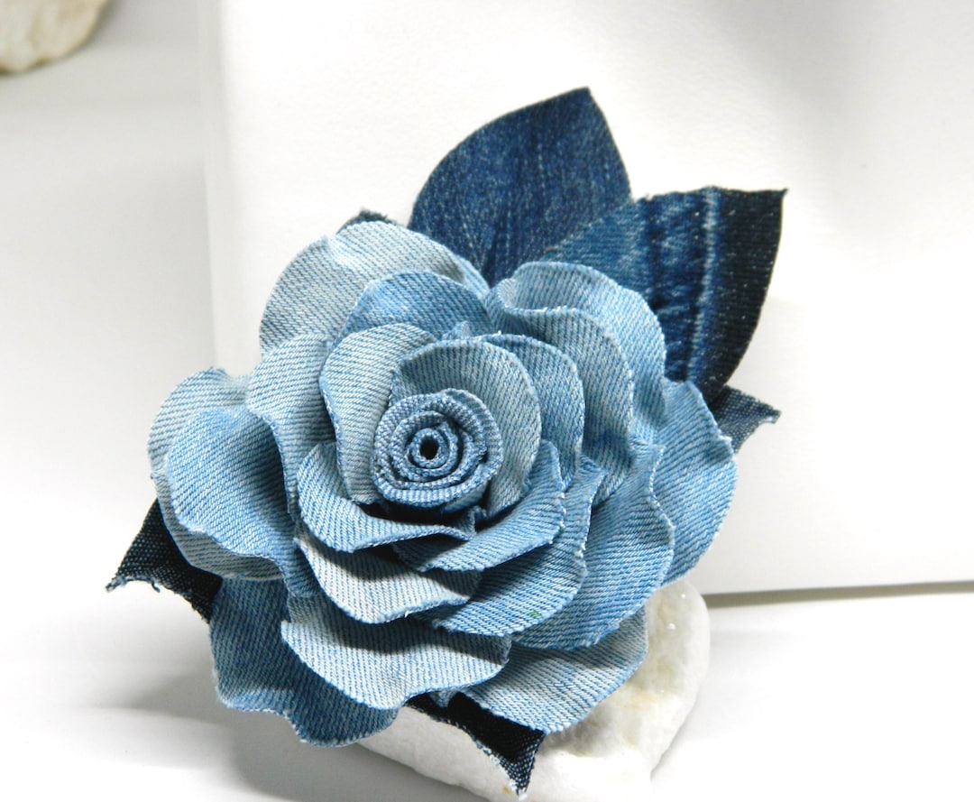 Upcycled Jeans Fabric Flower Brooch, Blue Jeans Flower Pin, Handmade ...