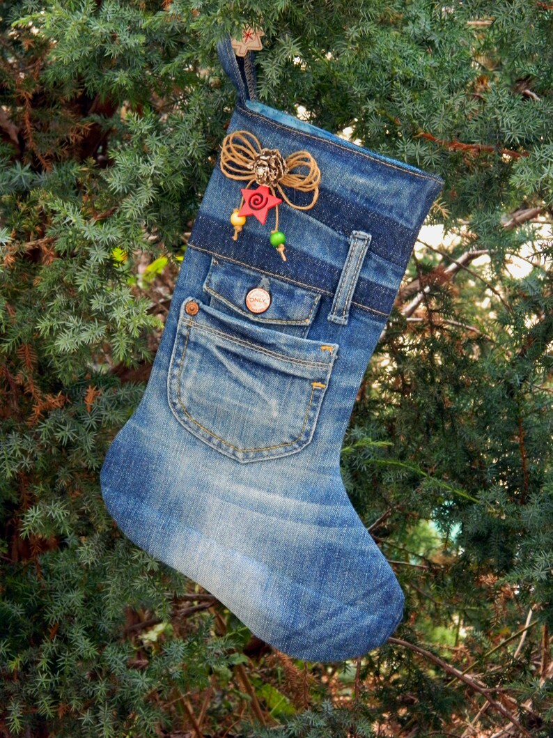Handmade Denim Christmas Stocking, Upcycled Jeans Holiday Decor, Rustic ...