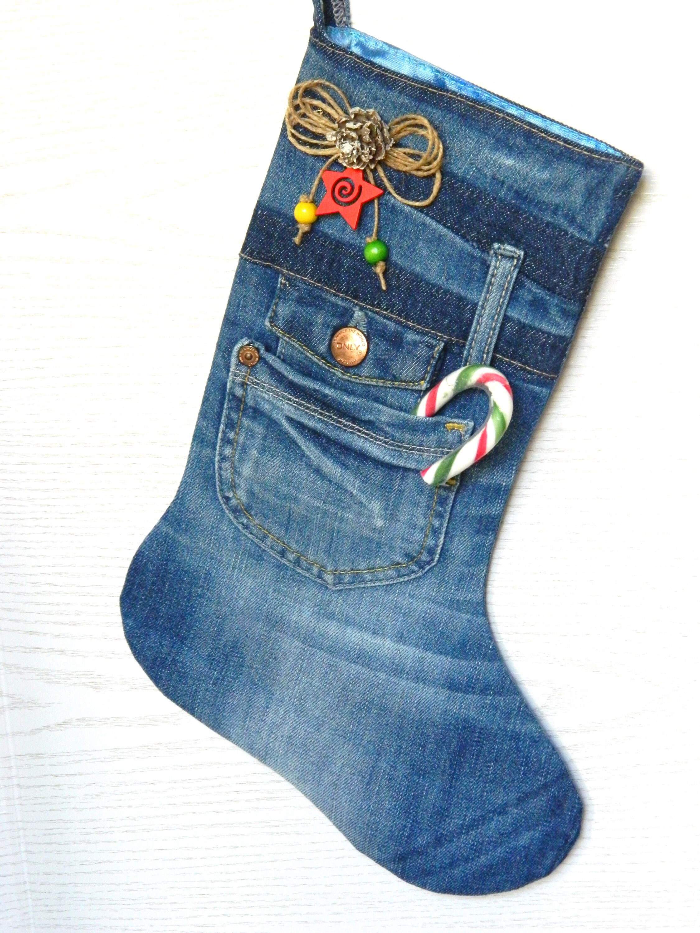 Handmade Denim Christmas Stocking, Upcycled Jeans Holiday Decor, Rustic ...