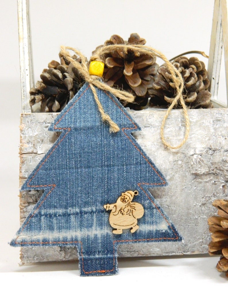 Upcycled Denim Christmas Tree Ornament With Wooden Accents - Etsy