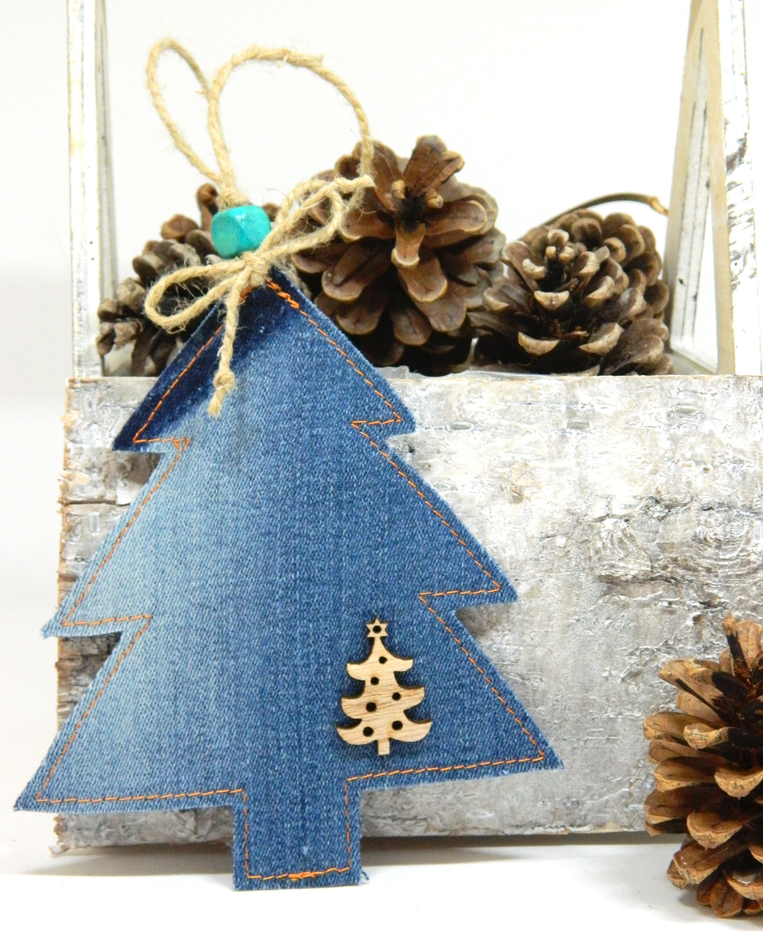 Upcycled Denim Christmas Tree Ornament With Wooden Accents - Etsy