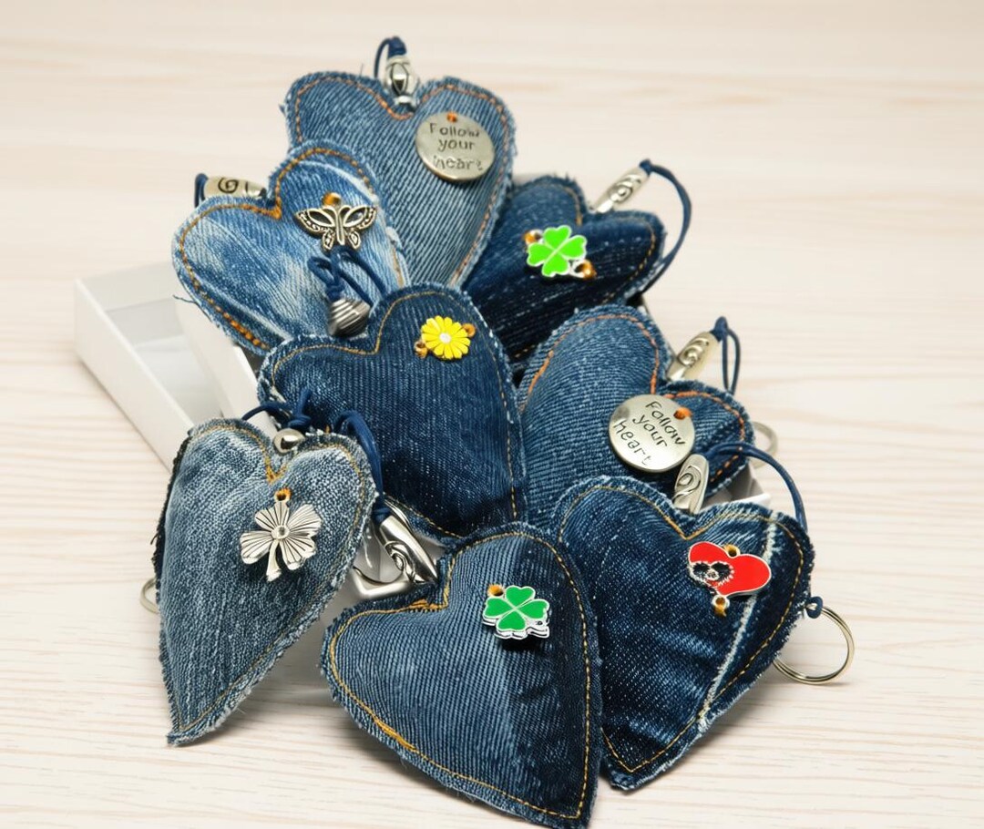 Recycled Denim Heart Keychain: Upcycled Jeans Charm - Etsy