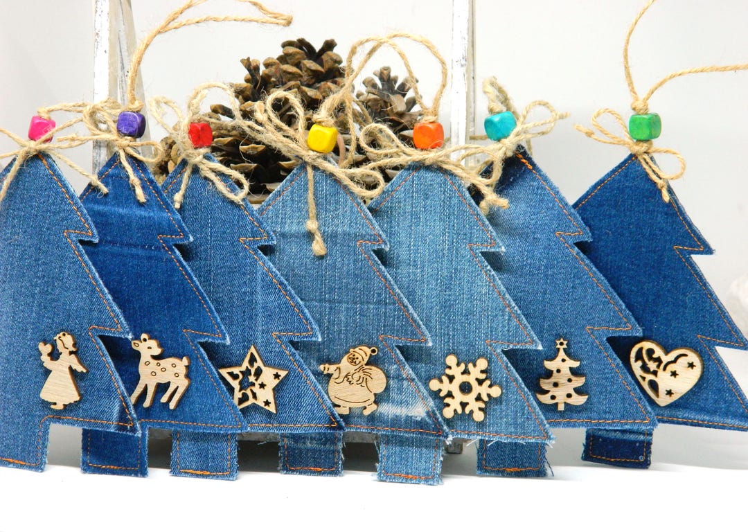 Upcycled Denim Christmas Tree Ornament With Wooden Accents - Etsy