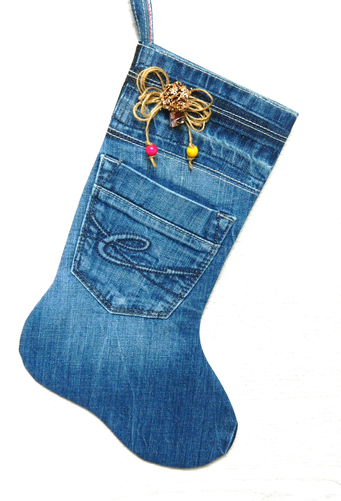 Recycled Blue Jean Christmas Stocking Whit Pocket Handmade - Etsy