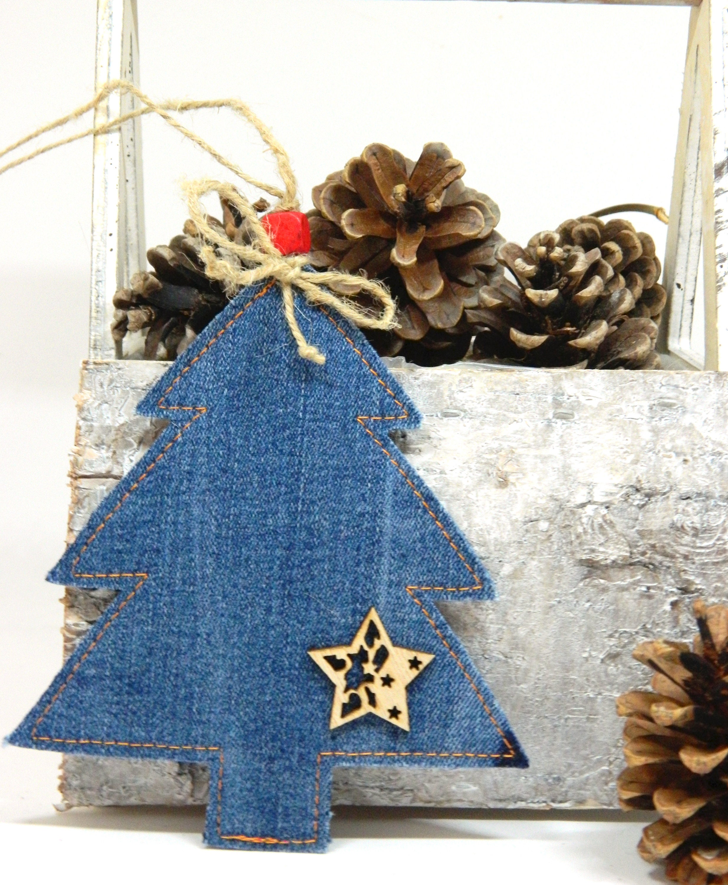 Upcycled Denim Christmas Tree Ornament With Wooden Accents - Etsy